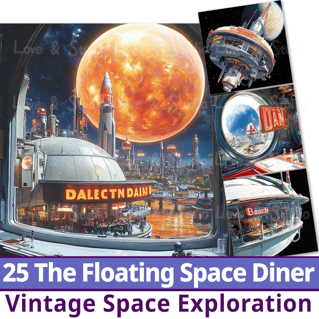 25 the Floating Space Diner Digital Paper, Vintage Space Exploration ...
