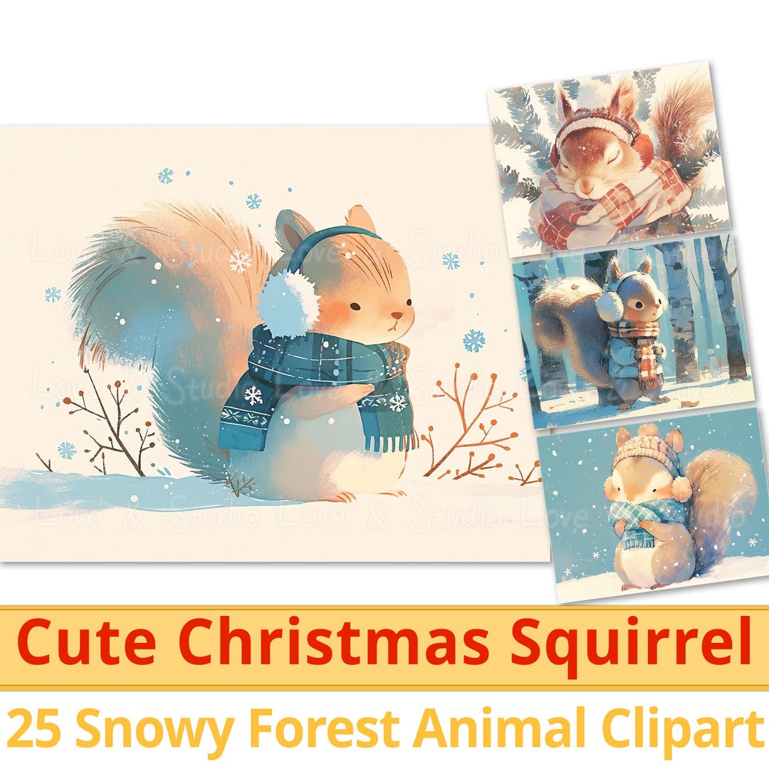 25 Cute Christmas Squirrel Clipart, Snowy Forest Friend Digital Paper ...