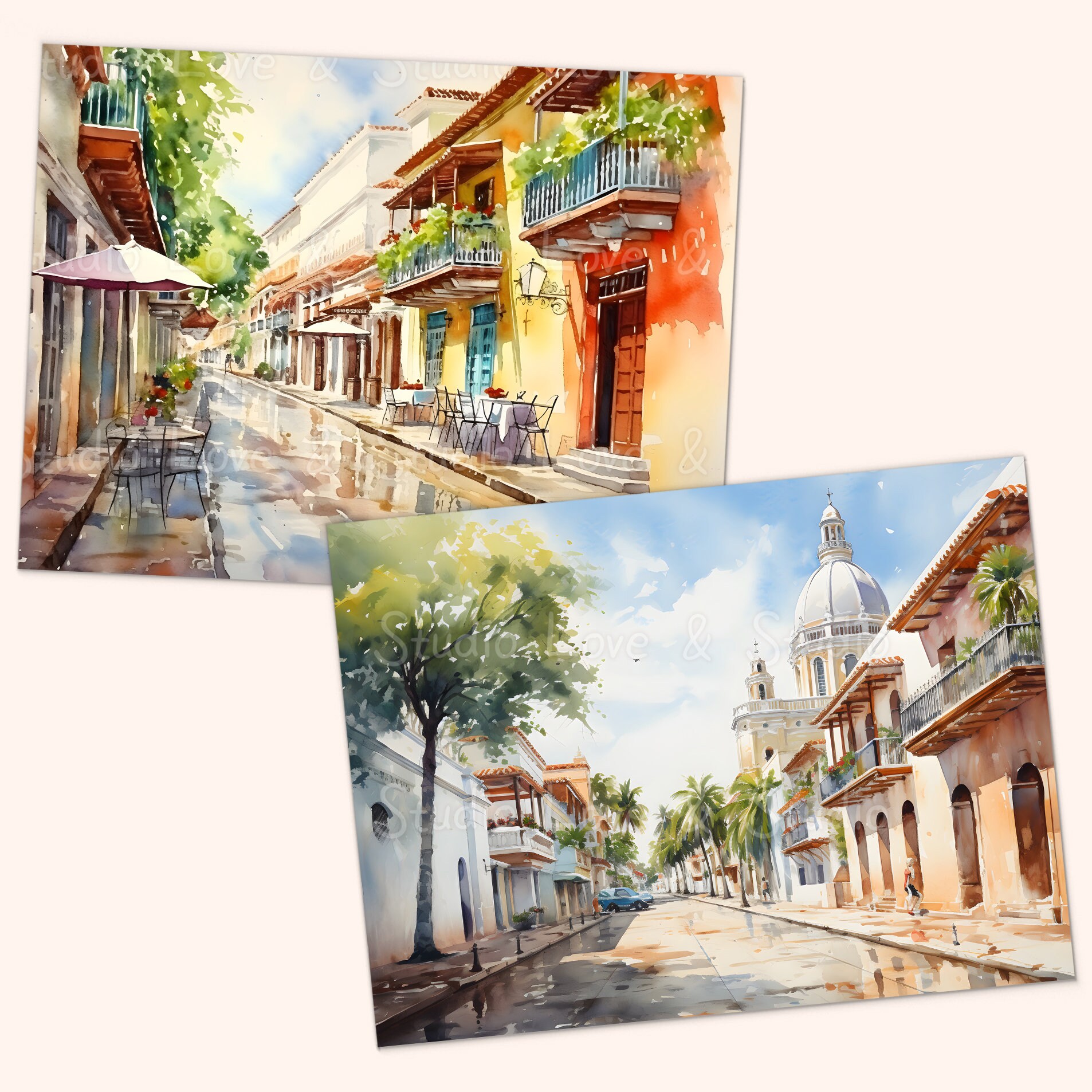 25 View of Cartagena, Colombia Digital Paper, Watercolor With Pen Brush ...
