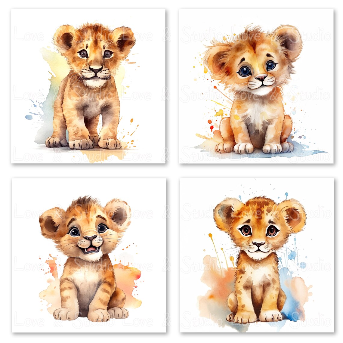 20 Baby Lion Watercolor Clipart, Smiling, Roaring Baby Lion ...