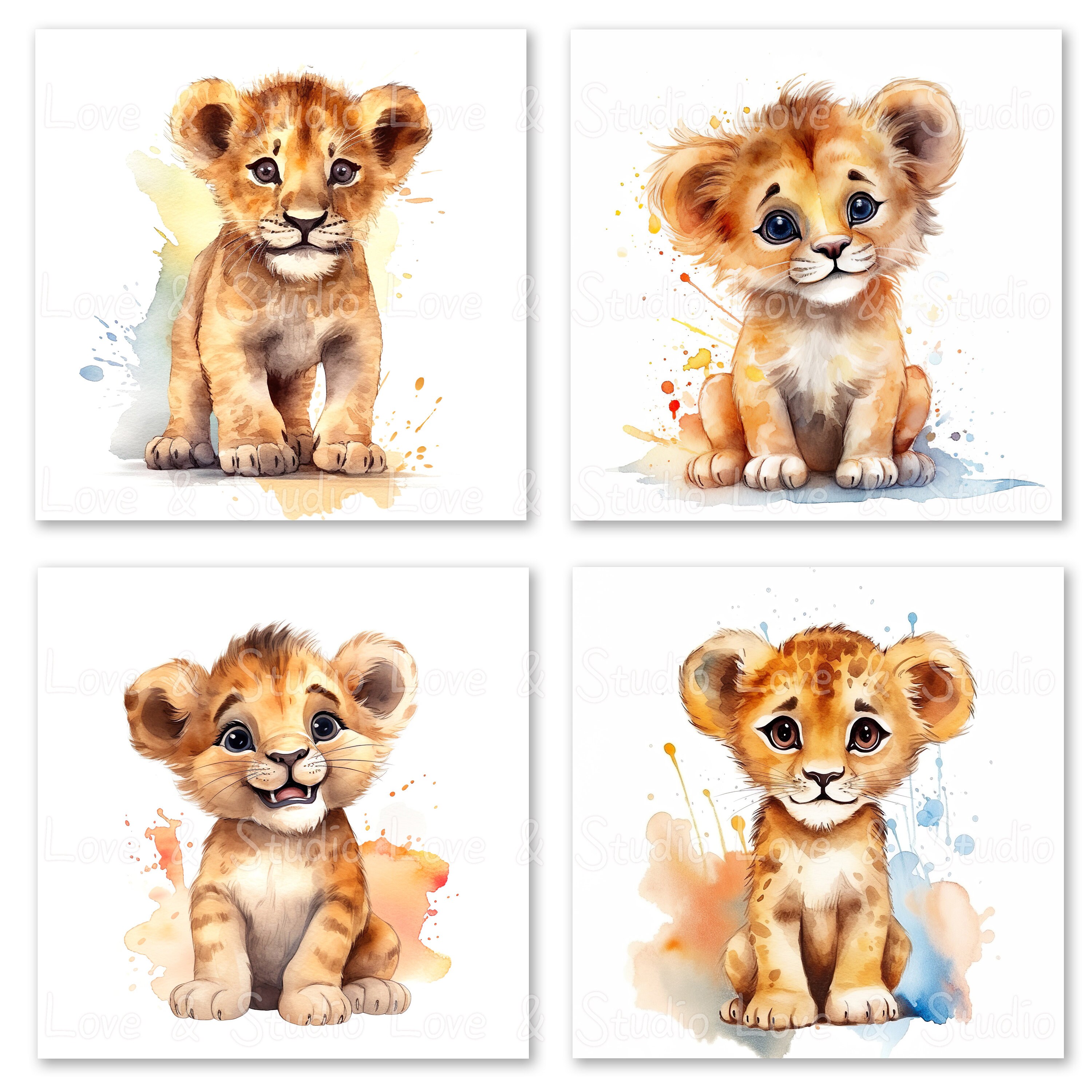 20 Baby Lion Watercolor Clipart, Smiling, Roaring Baby Lion ...