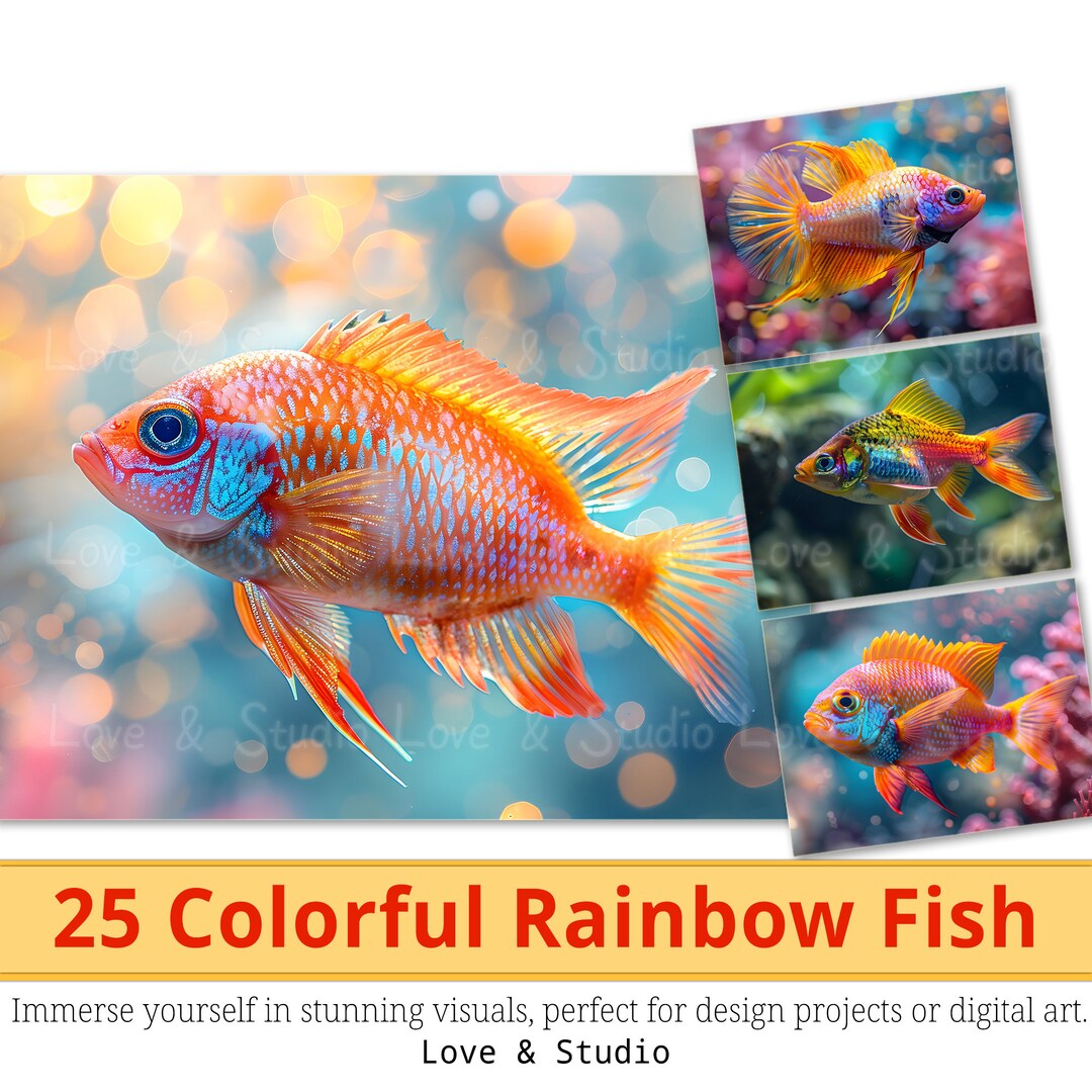 25 Colorful Rainbow Fish Portrait Digital Paper, Printable Realistic ...