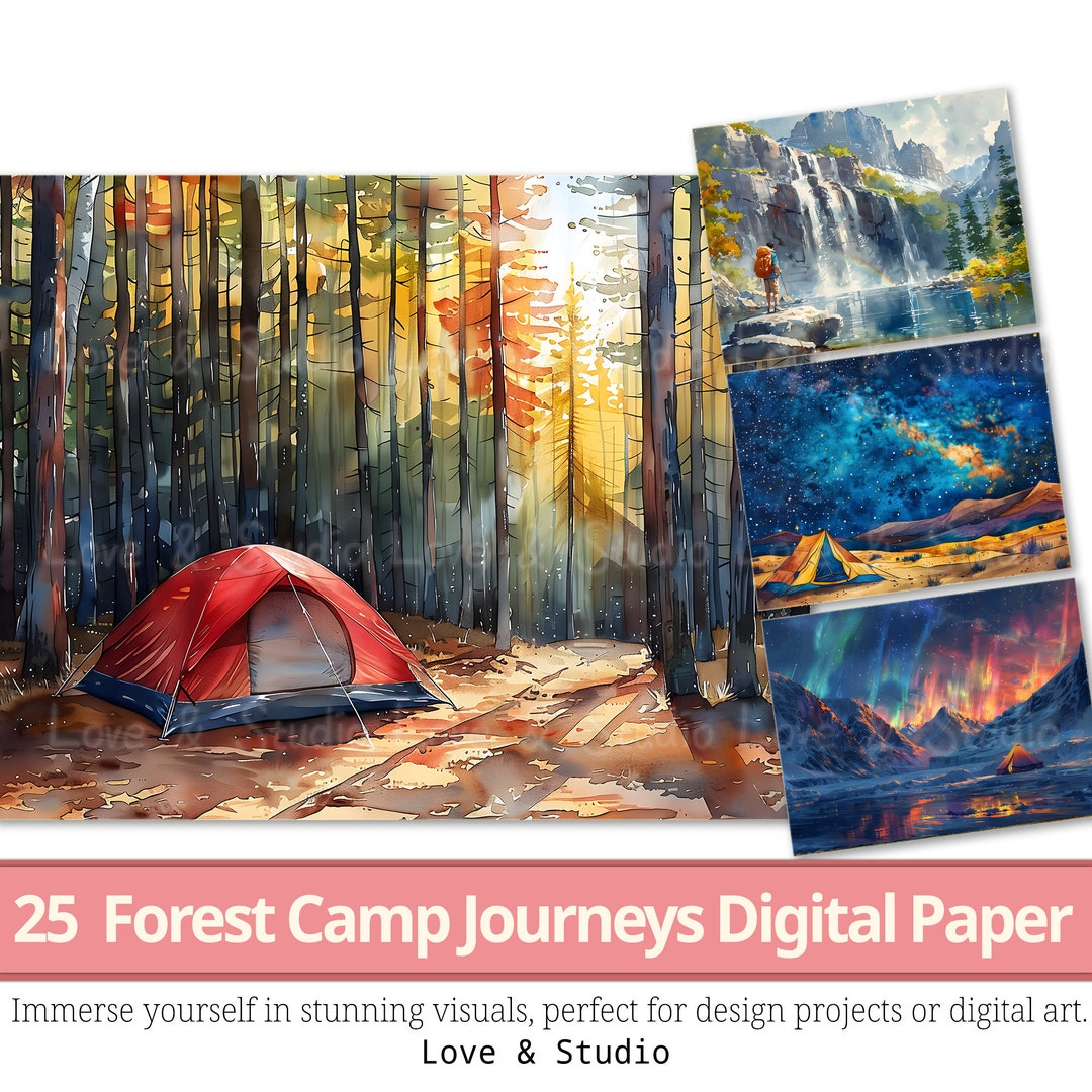 25 Forest Camp Journeys Digital Paper, Watercolor Campfire Clipart ...
