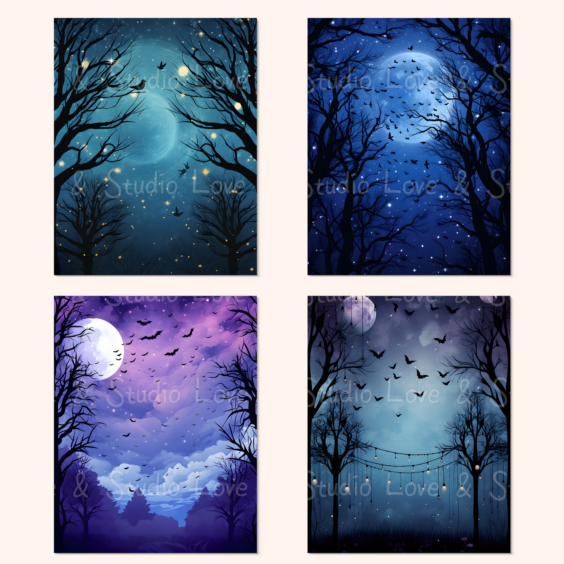 25 Mysterious Night Sky Digital Paper, Watercolor Halloween Party ...