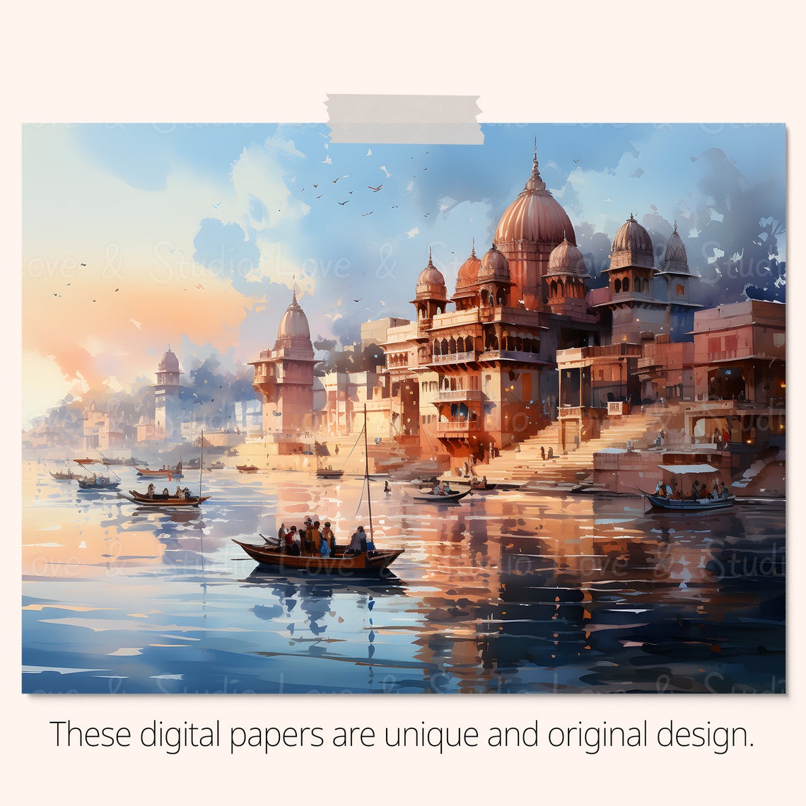 25 View of Varanasi, India Digital Paper, Watercolor With Pen Brush Old ...