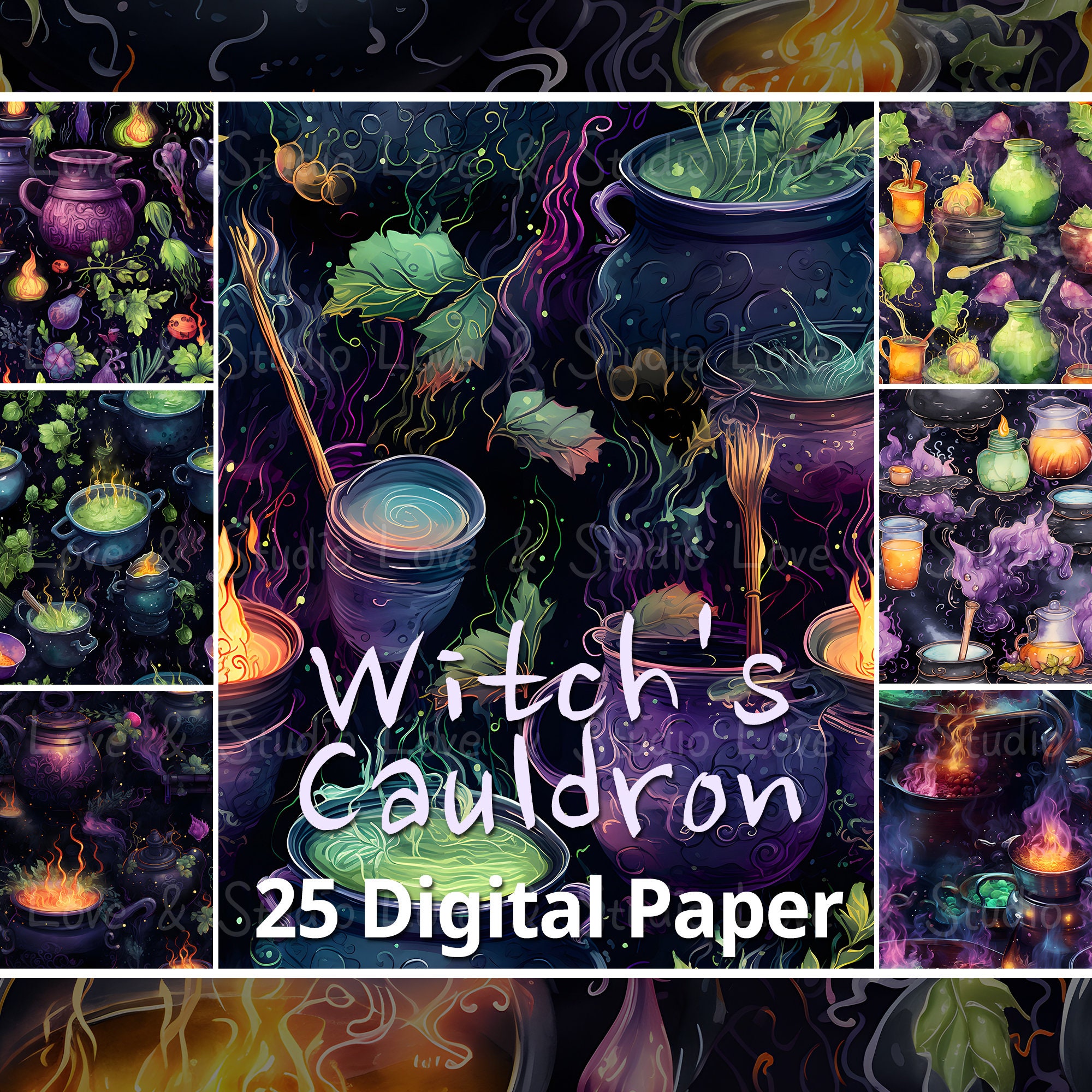 25 Seamless Witch's Cauldron Digital Paper, Printable Halloween Wallart ...