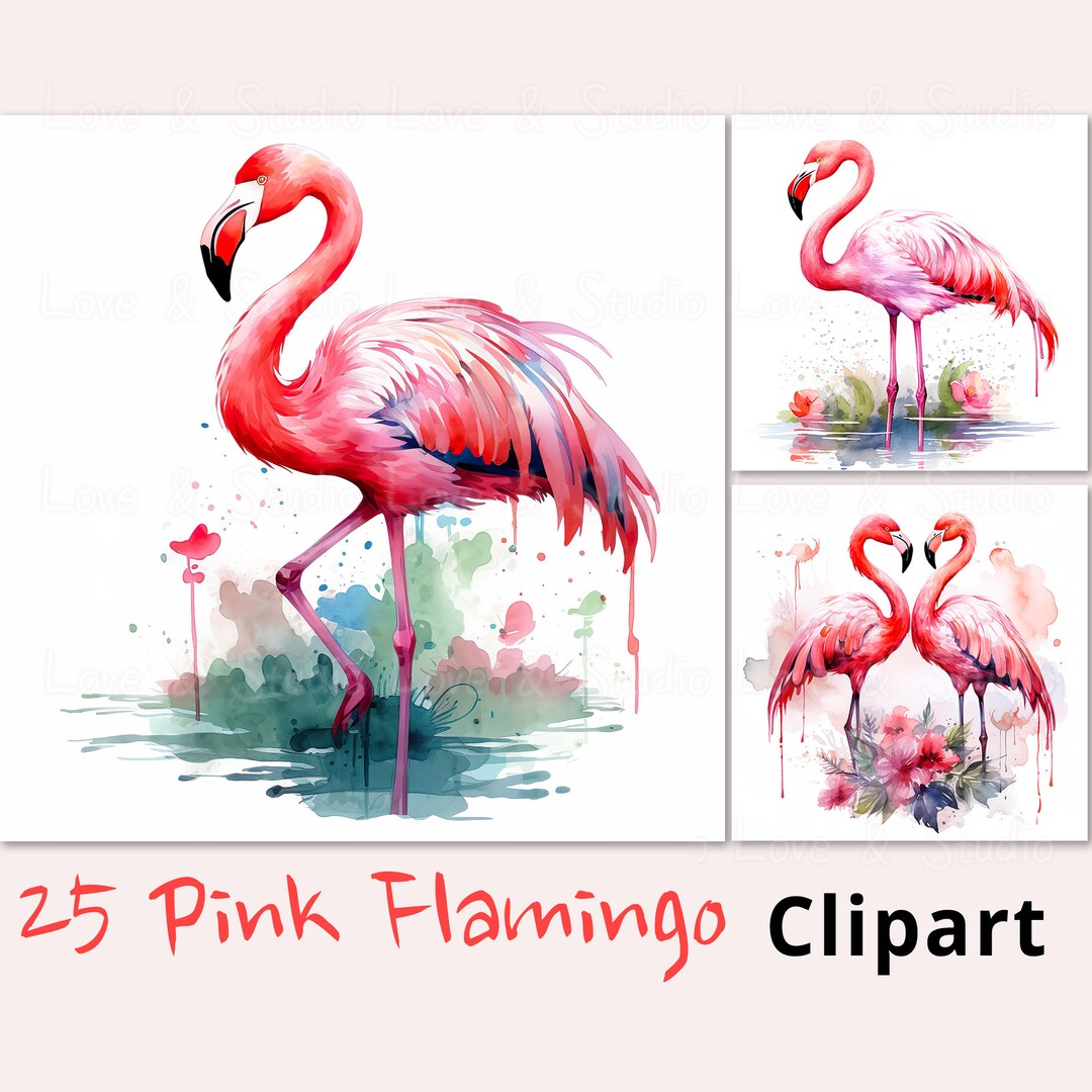 25 Pink Flamingo Watercolor Clipart, Tropical Birds With Flowers, High ...