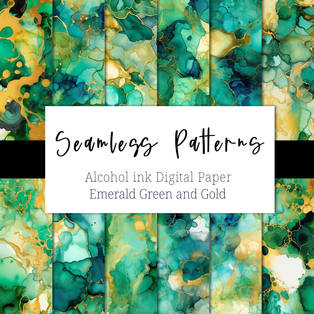 12 Seamless Pattern, Alcohol Ink With Gold and Emerald Green Color ...