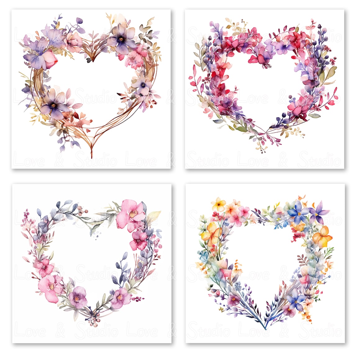 25 Pastel Flower Heart Wreath Clipart. Digital Valentine's Day ...