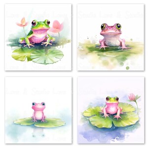 20 Cute Pink Frog Watercolor Clipart, Frog on the Lily Pad Illustration ...