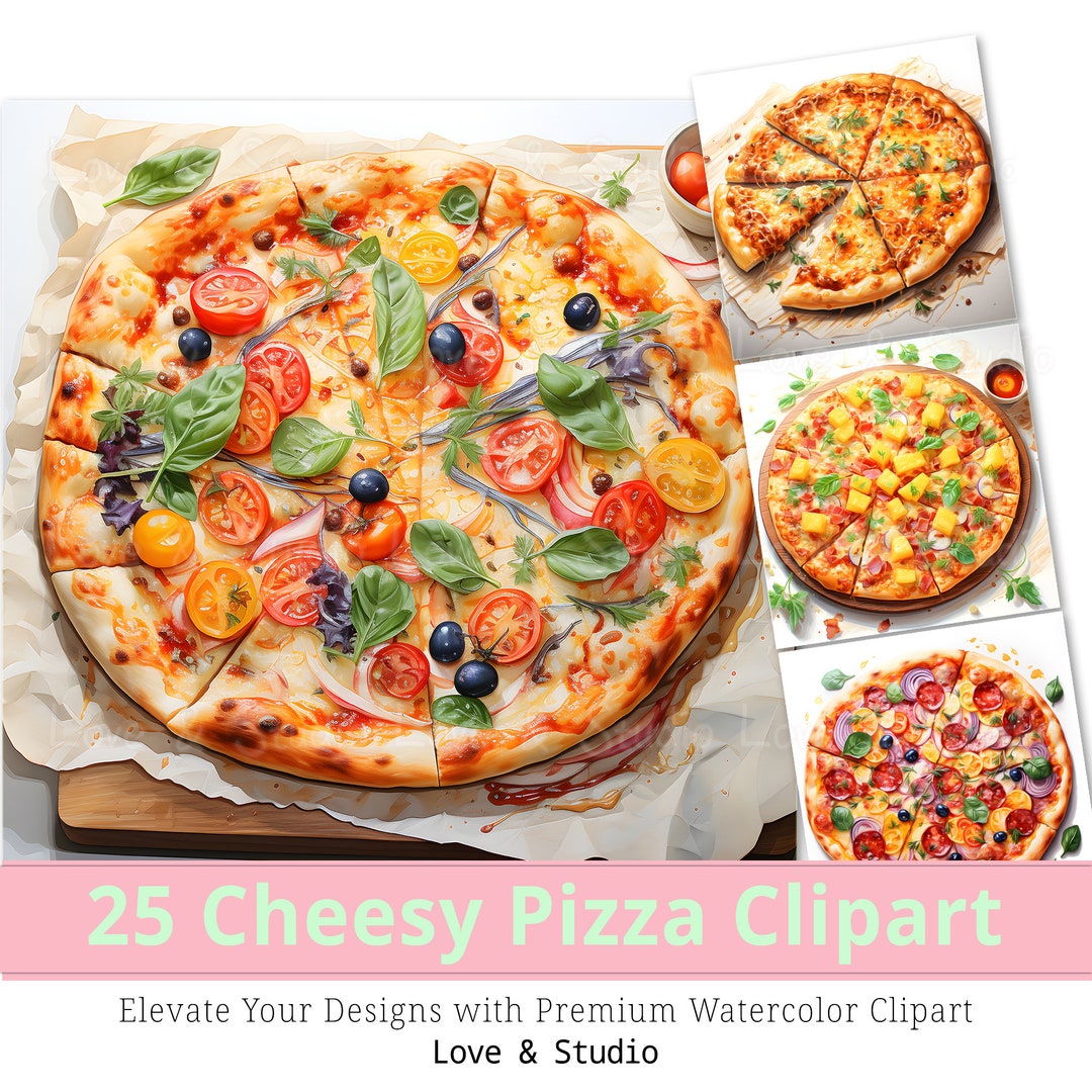 25 Cheesy Topped Pizza Watercolor Clipart, Happy Meal Digital Paper ...