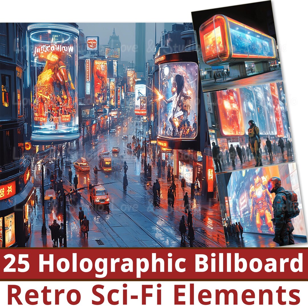 25 Glowing Holographic Billboards Digital Paper, Printable Futurescapes ...