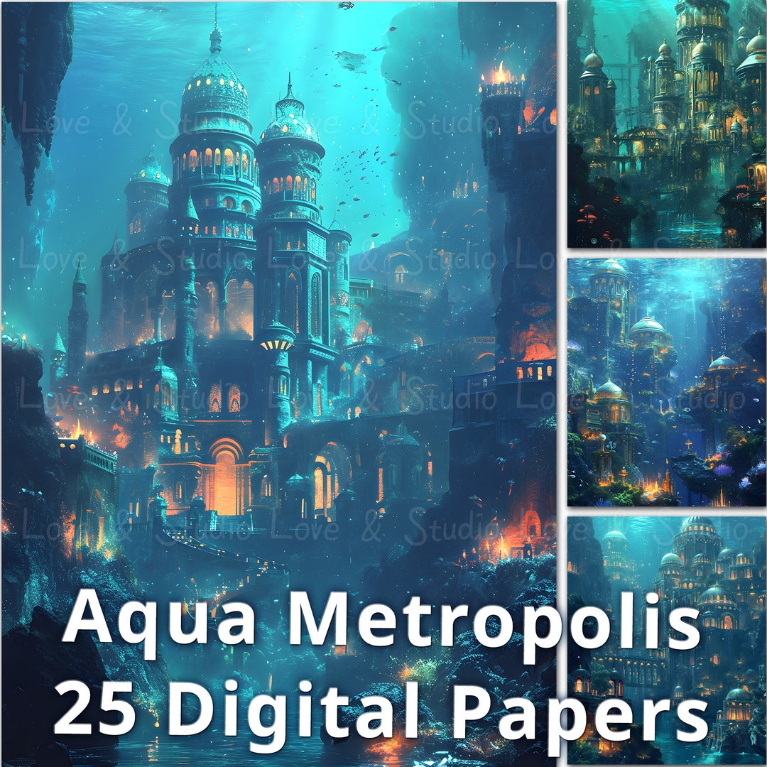 25 Aqua Metropolis Digital Paper, Printable Sci-fi Futuristic Artwork ...