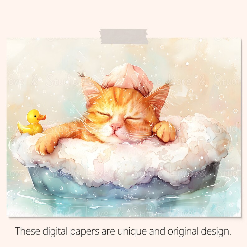 25 Happy Cat Bath Time Digital Paper, Lovely Fellin Watercolor ...