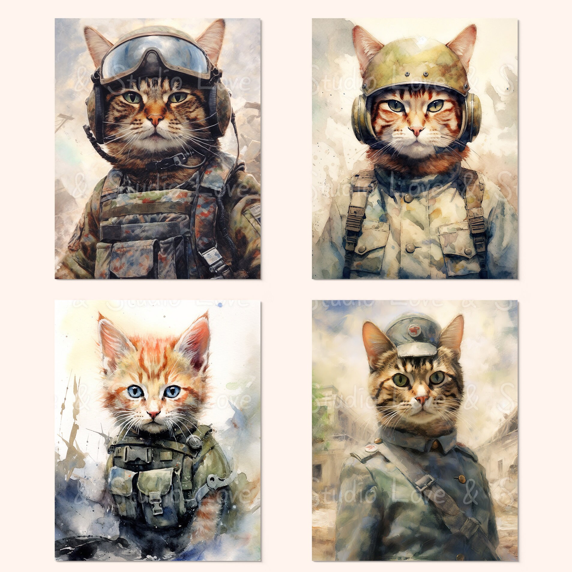 25 Watercolor Cat Clipart, Military Cat. Soldier Cat on the Battlefield ...