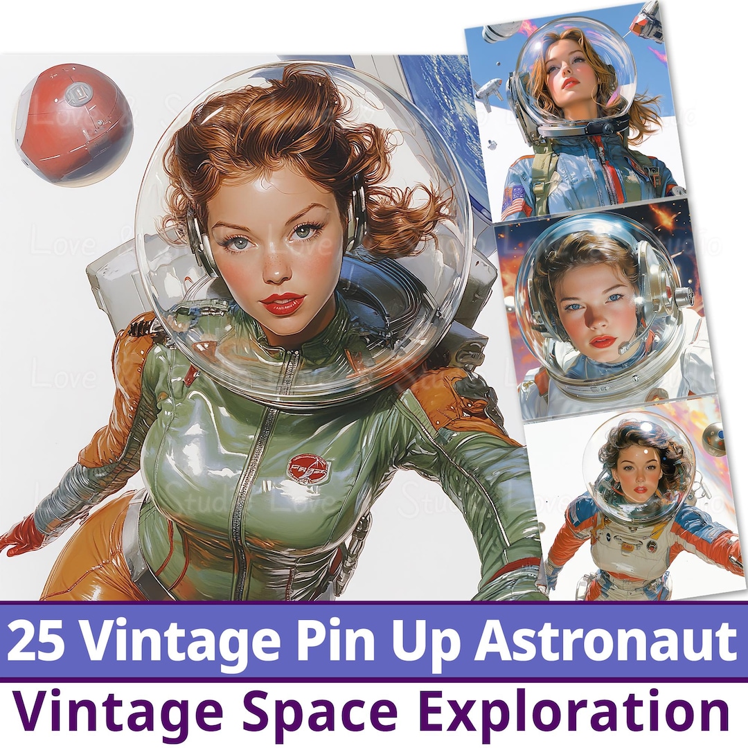 25 Vintage Pin up Astronaut Digital Paper, Vintage Space Exploration ...