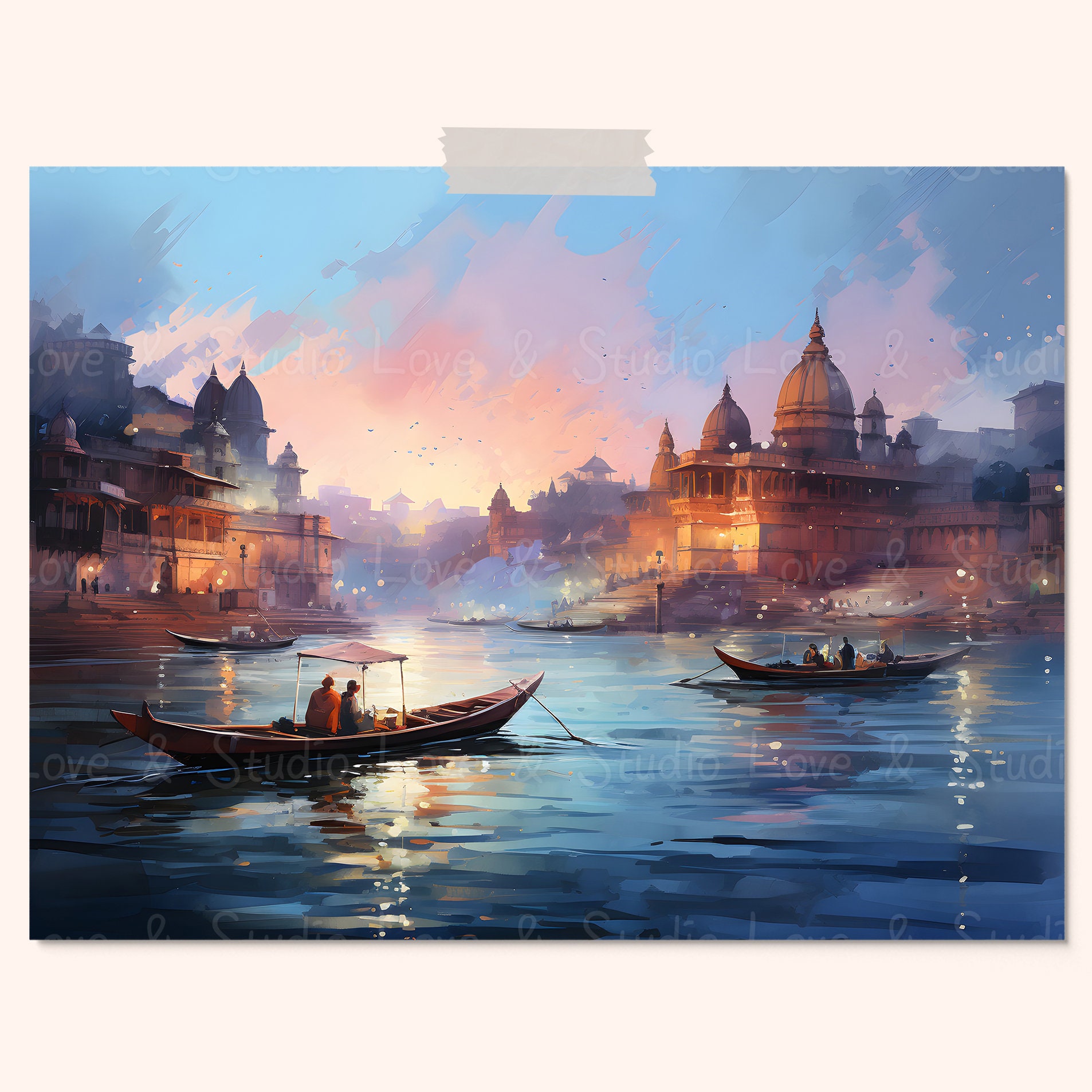 25 View of Varanasi, India Digital Paper, Watercolor With Pen Brush Old ...