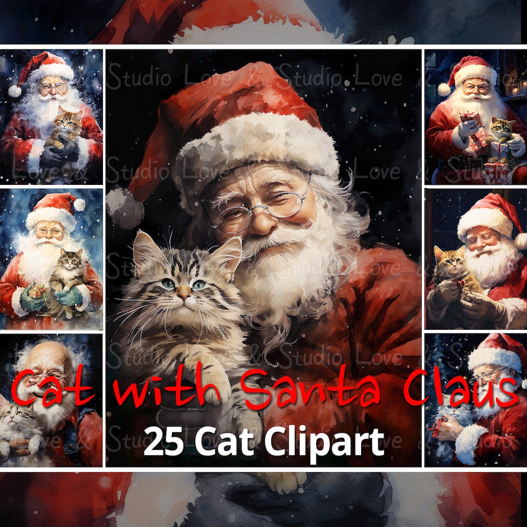 25 Cat and Santa Claus Clipart. Kitten With a Gift From Santa on ...
