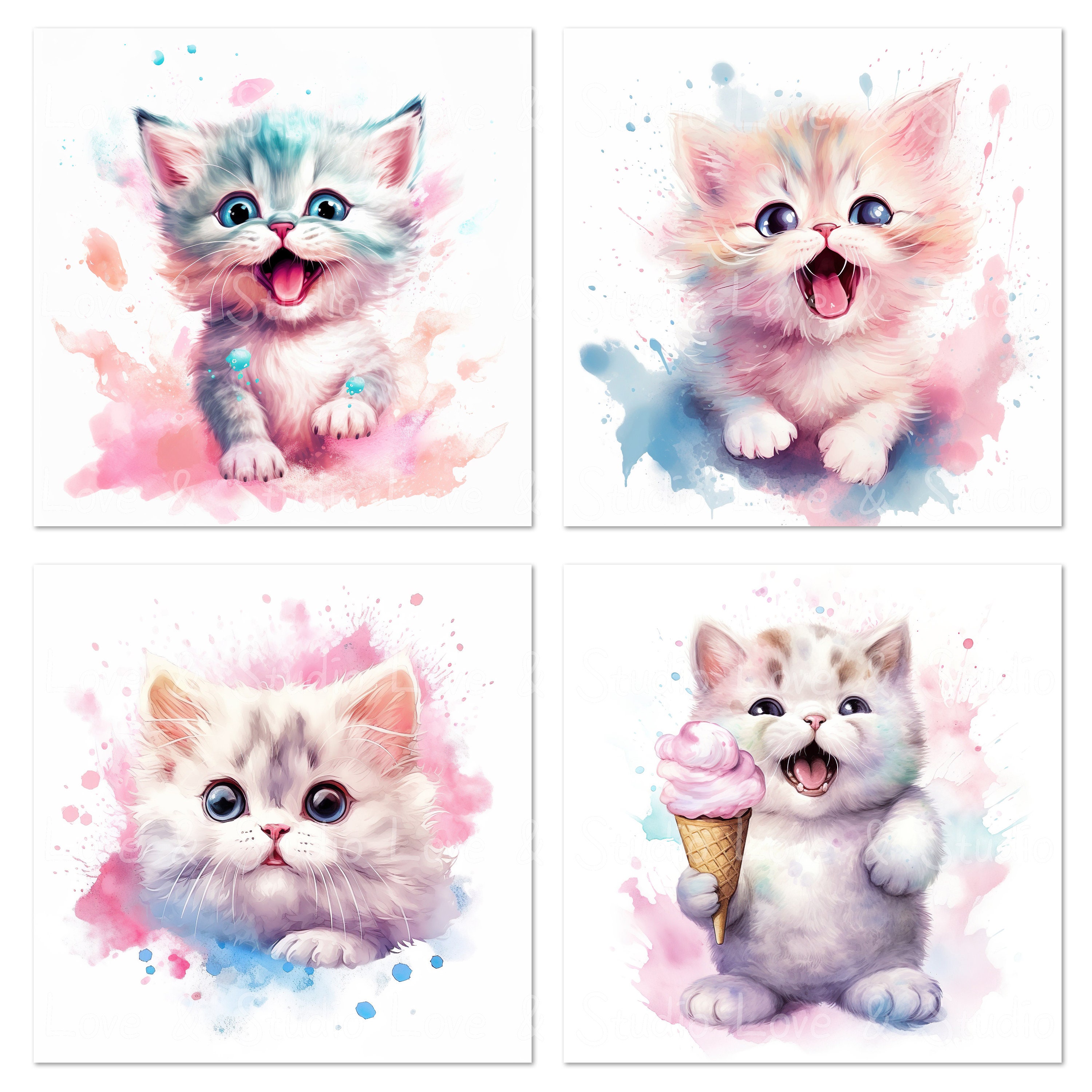 20 Smiling Happy Kitten Clipart, Digital Cat Watercolor, High-quality ...