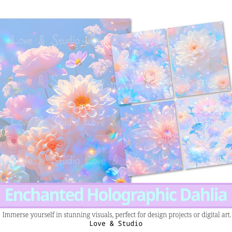 25 Enchanted Holographic Dahlia Digital Paper, Sparkling Floral Clipart ...