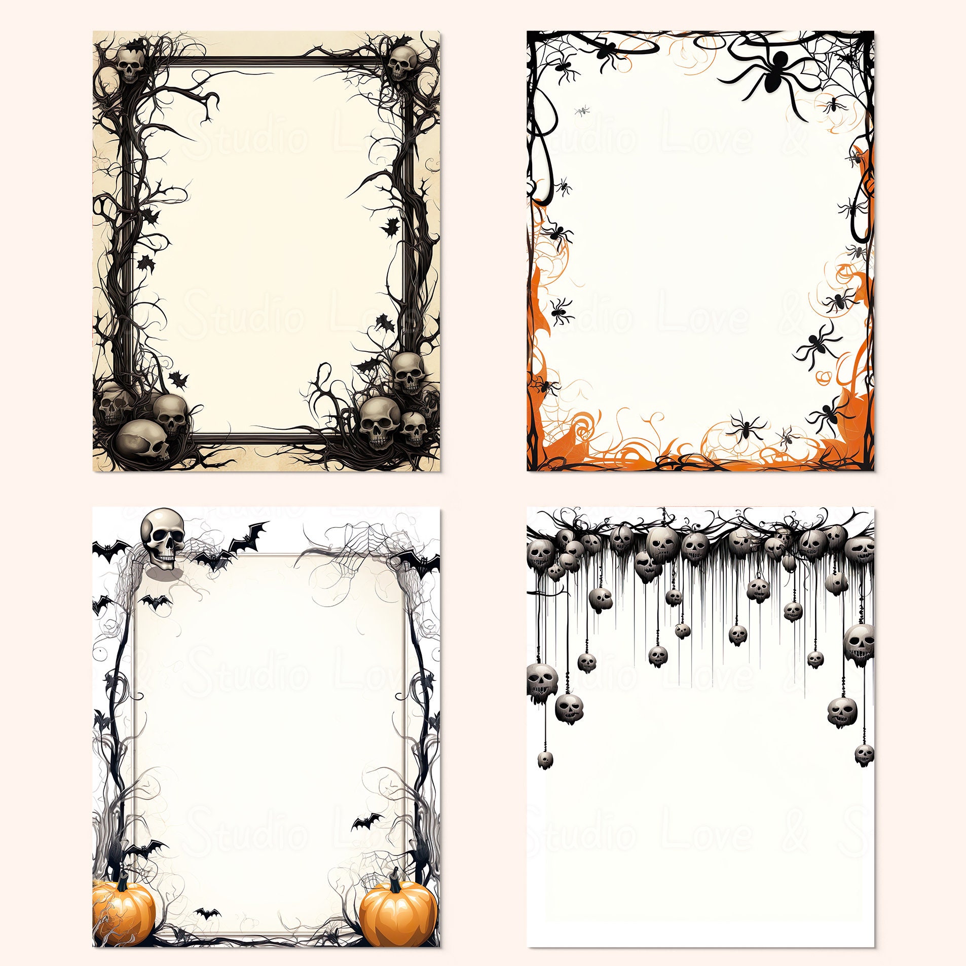 25 Halloween Printable Letter Paper, Watercolor Page Border. Digital ...