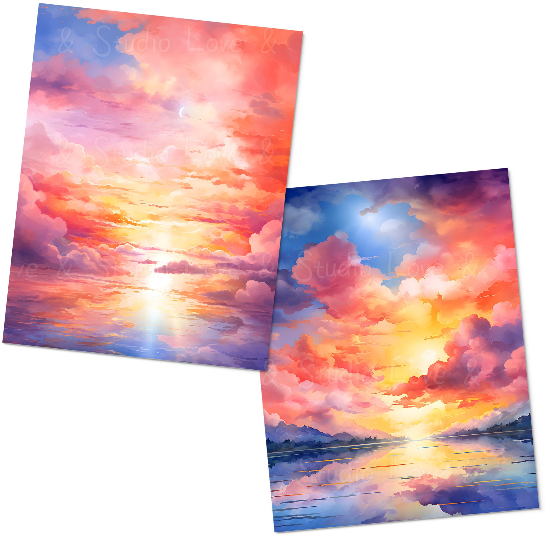 25 Watercolor the Sunset Sky Digital Paper. Fantastic Cloudy Heaven ...