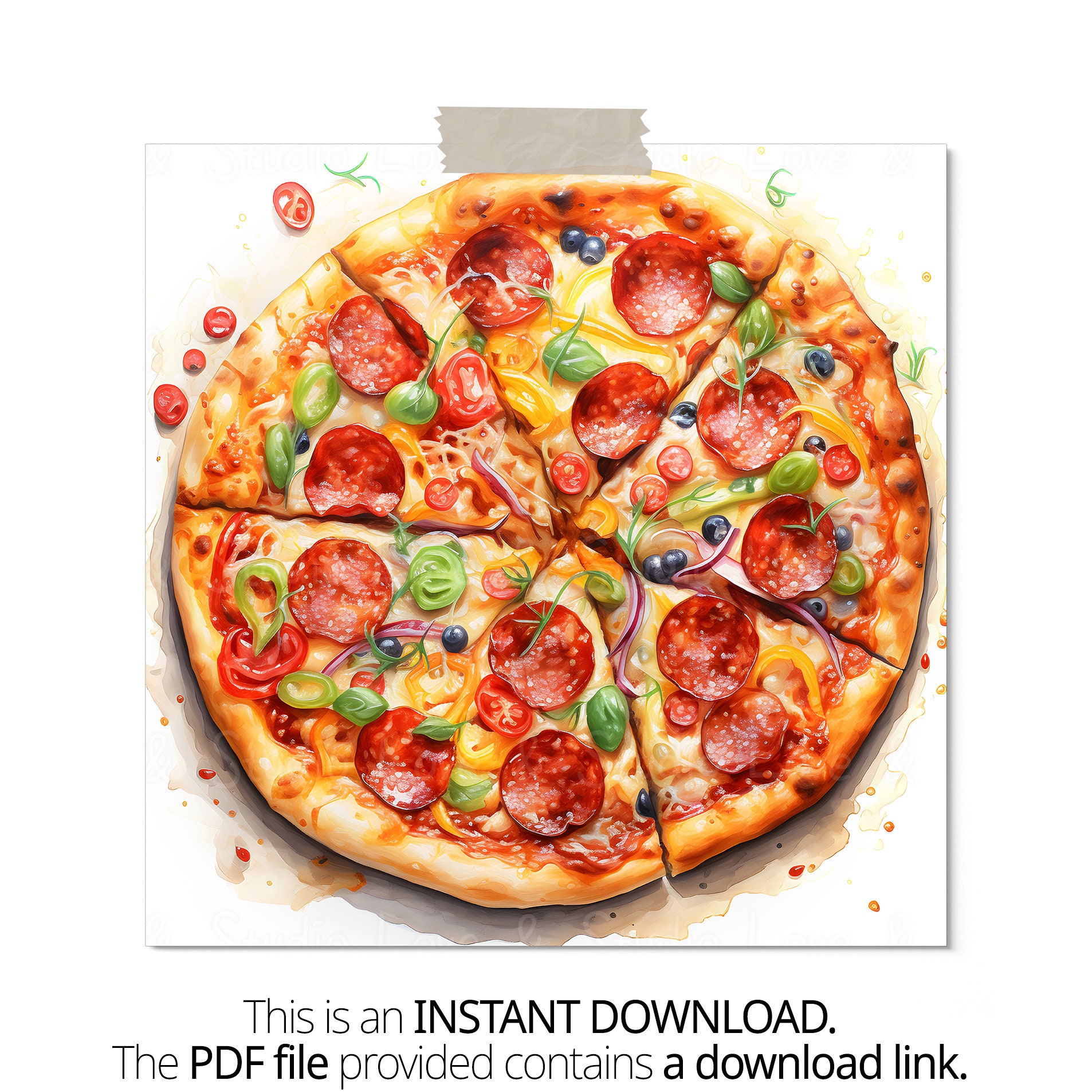 25 Cheesy Topped Pizza Watercolor Clipart, Happy Meal Digital Paper ...