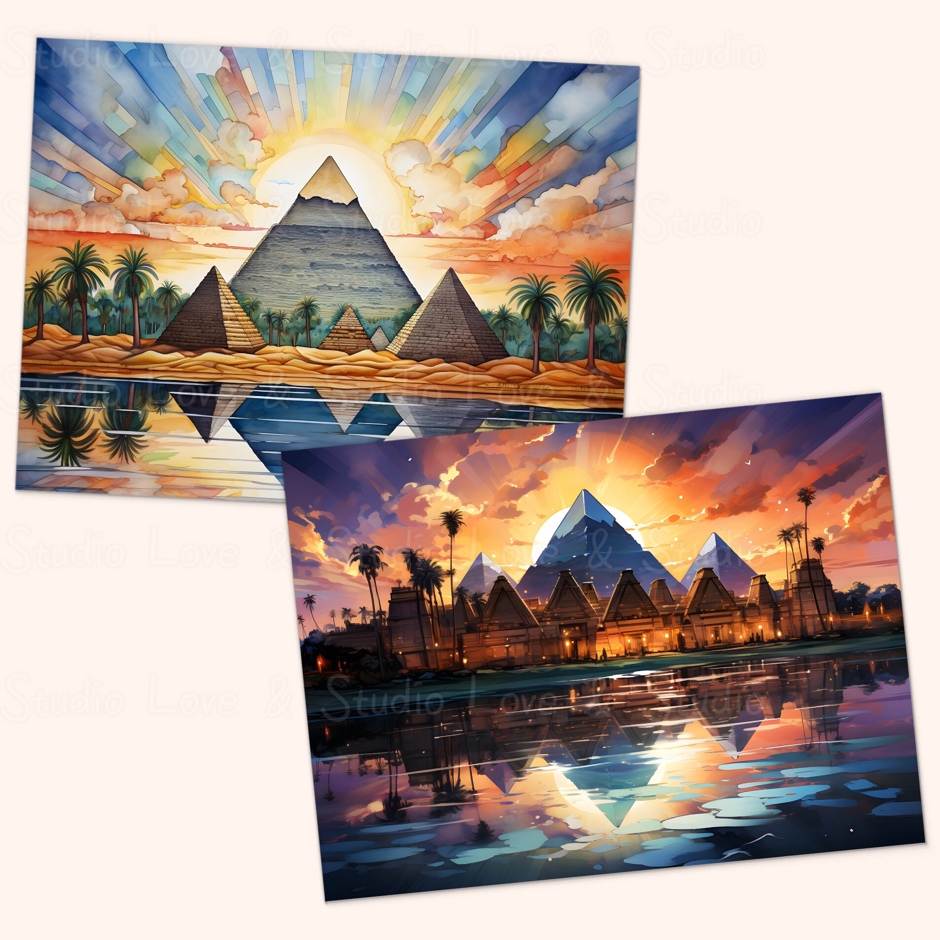 25 the Pyramids in Egypt Digital Paper, Watercolor Desert Landscapes ...