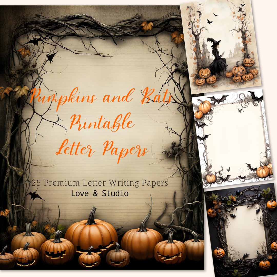 25 Pumpkins and Bats Printable Letter Paper, Halloween Page Border ...