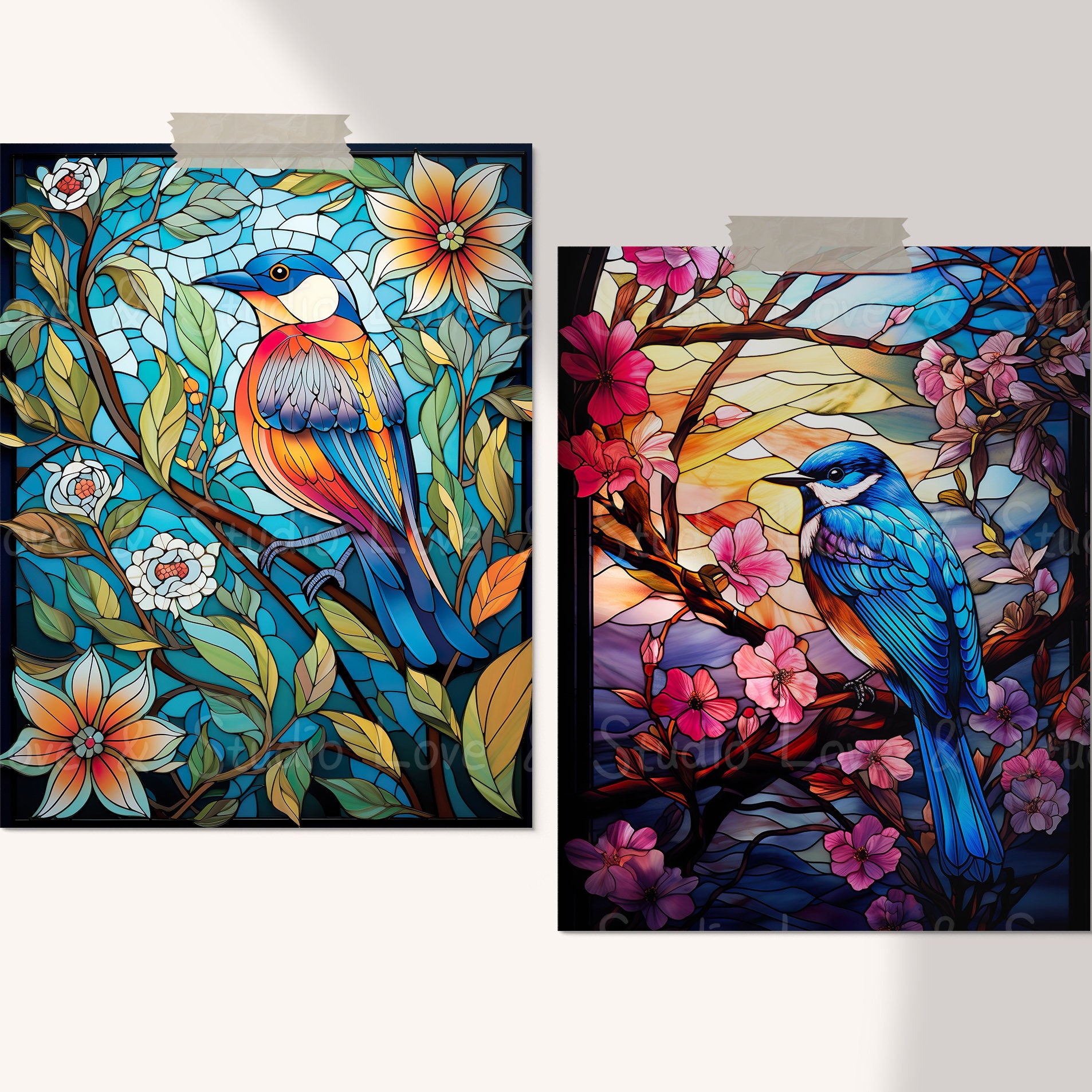 25 Bird and Flower Stained Glass Digital Paper. Nature's - Etsy