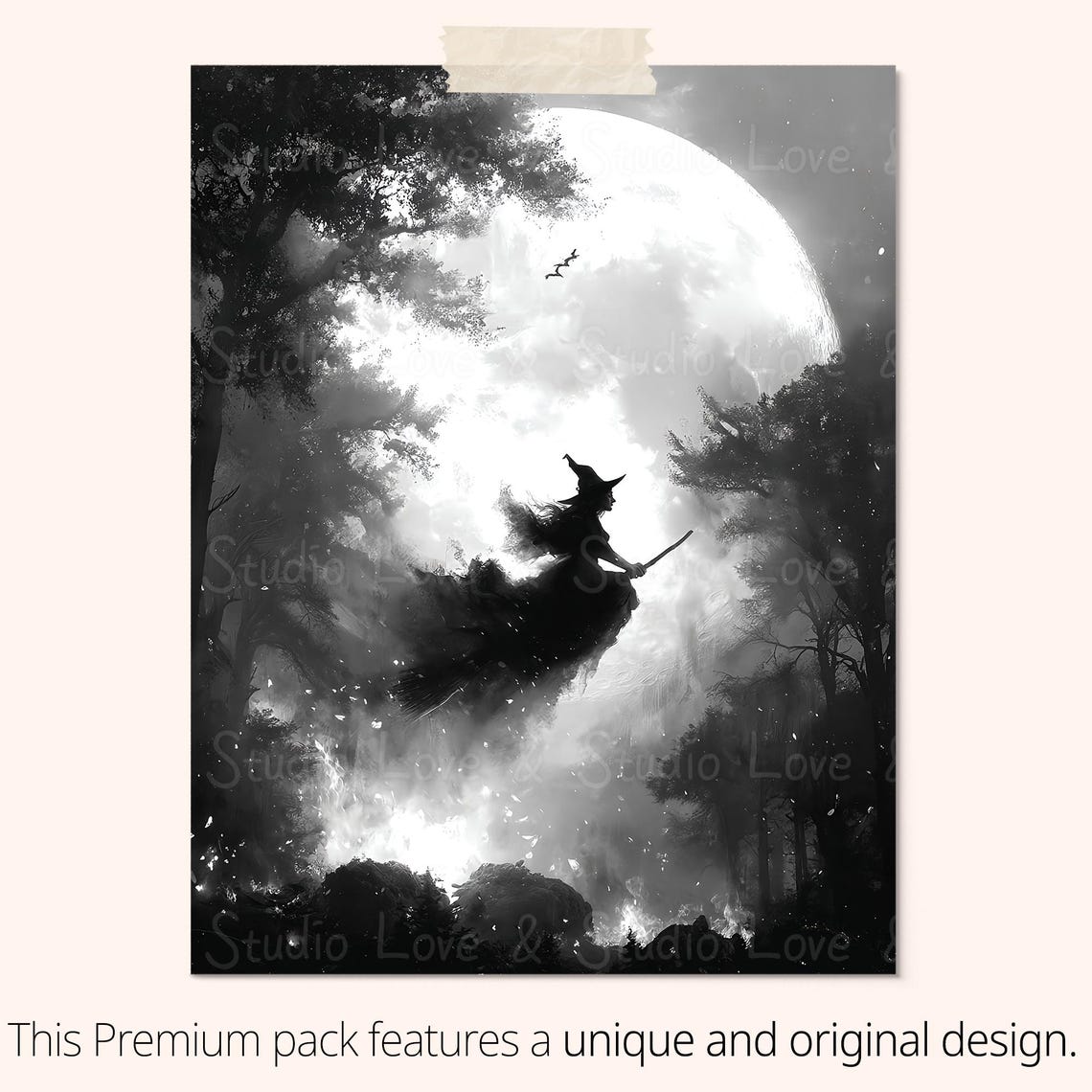 25 Witch Flying on a Broomstick Digital Paper, Printable Dark Fantasy ...