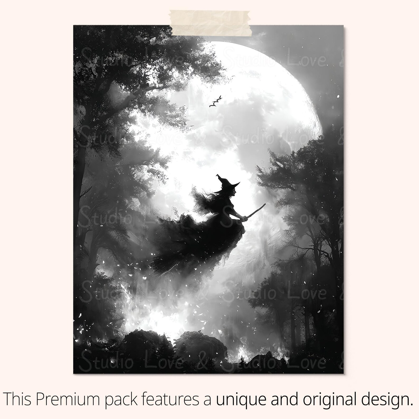 25 Witch Flying on a Broomstick Digital Paper, Printable Dark Fantasy ...