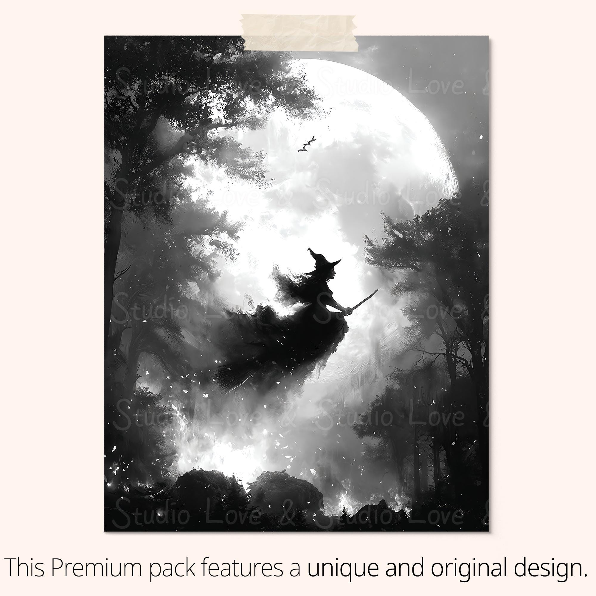 25 Witch Flying on a Broomstick Digital Paper, Printable Dark Fantasy ...