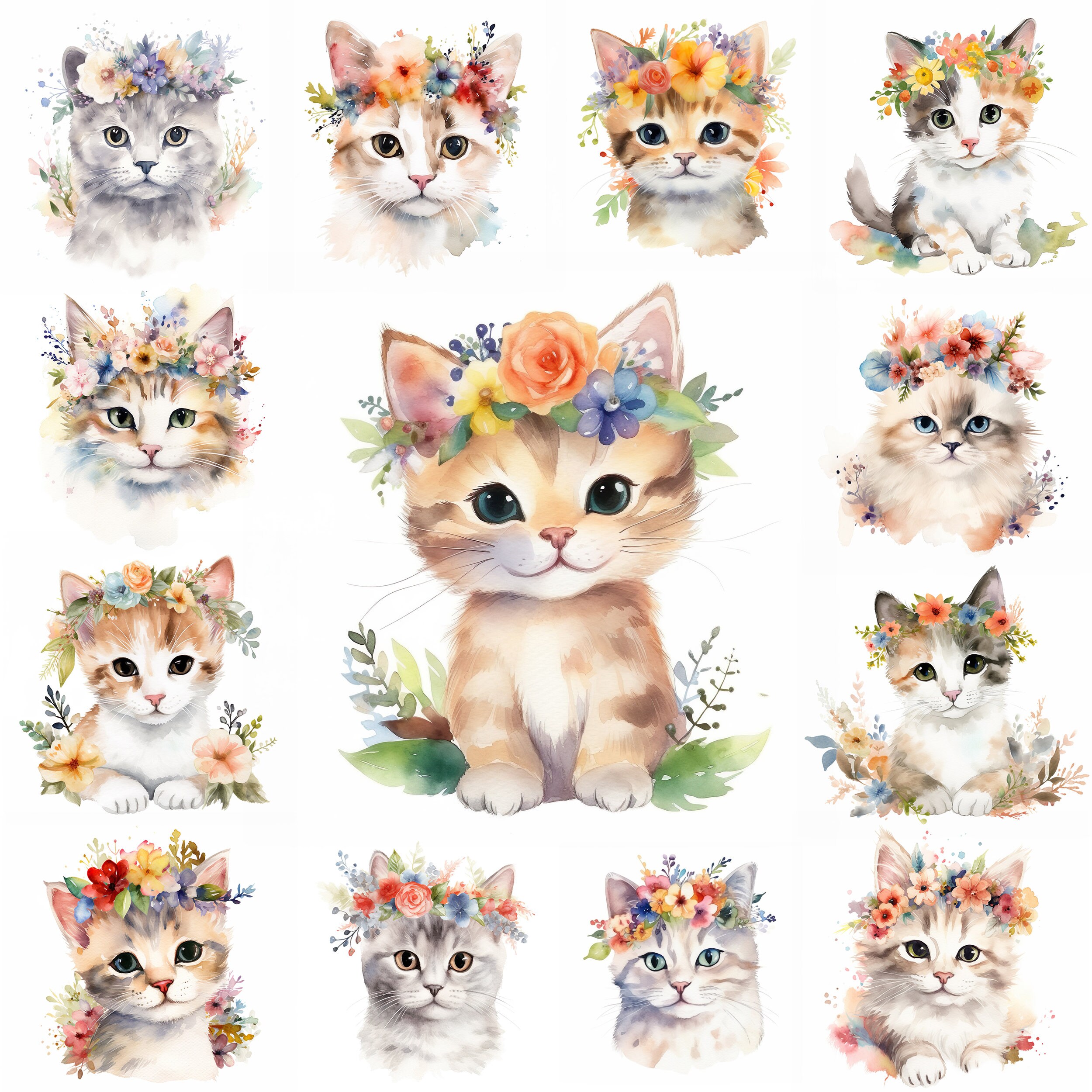 40 Cat Clipart Commercial Use Cute Kitten With Flower Crown - Etsy