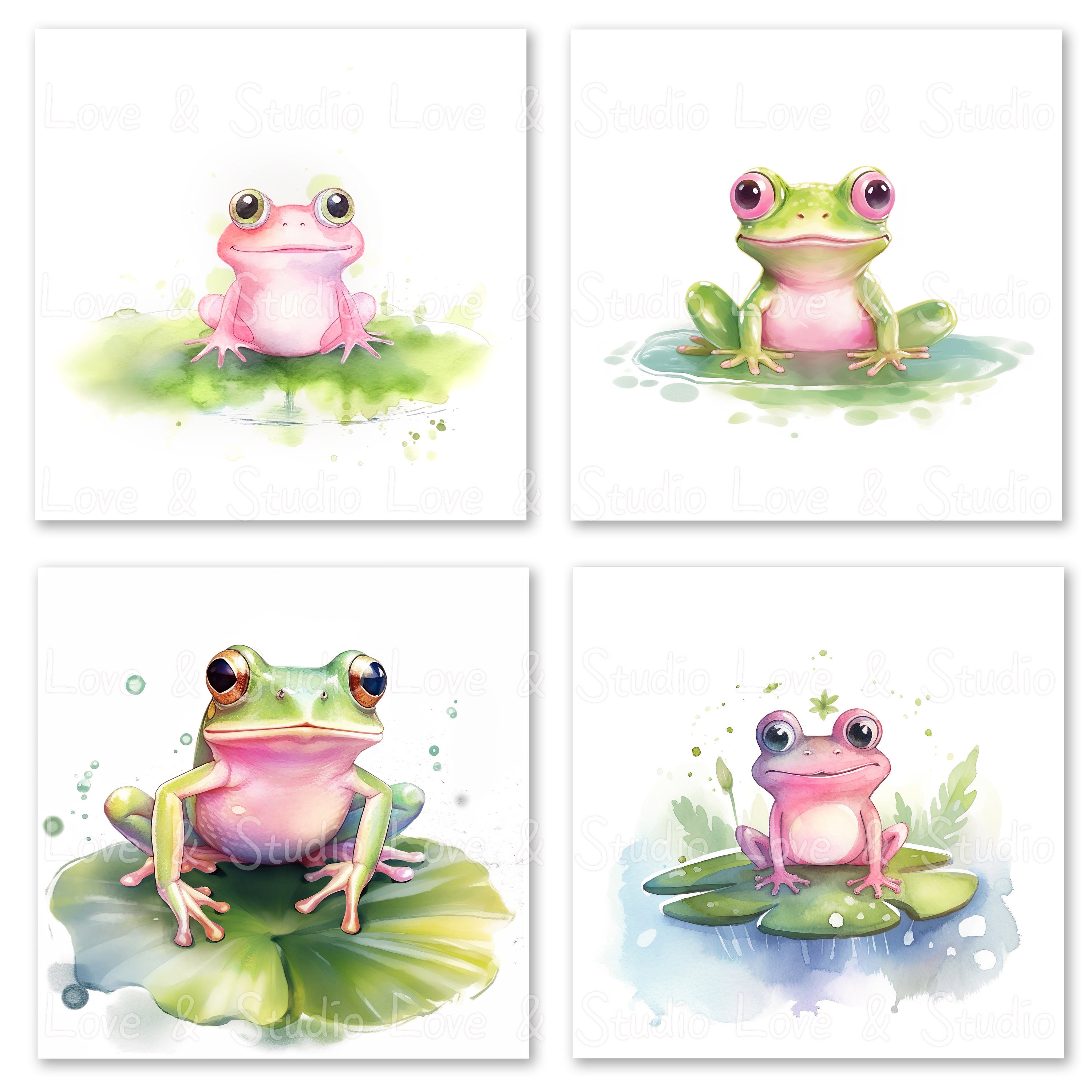 20 Cute Pink Frog Watercolor Clipart, Frog on the Lily Pad Illustration ...