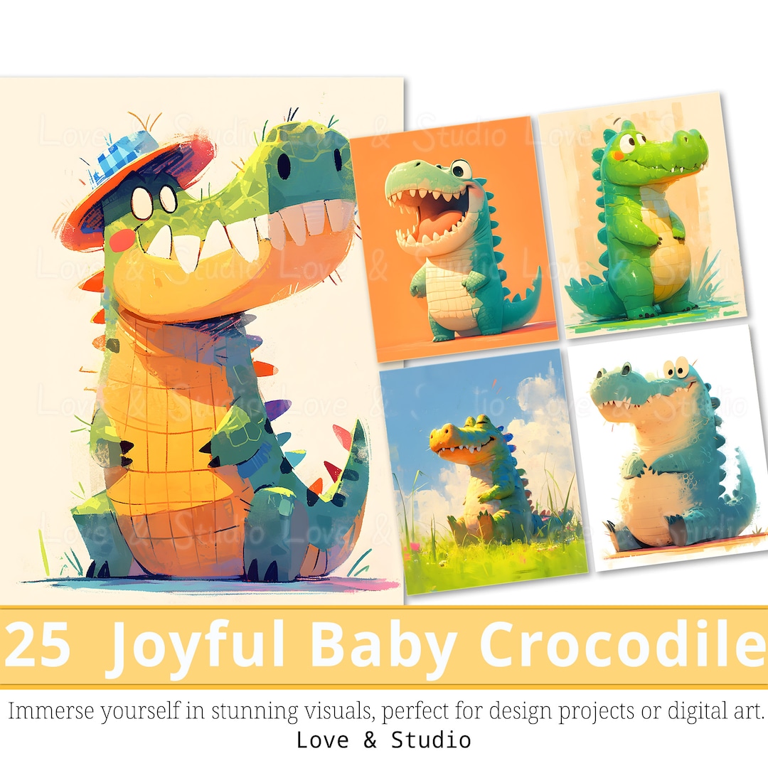 25 Joyful Baby Crocodile Digital Paper. Happy Safari Animal Clipart ...