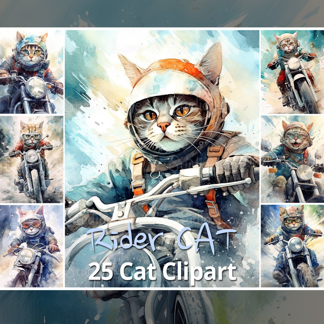25 Watercolor Cat Clipart, Rider Cat. A Cat Running on a Motorcycle ...