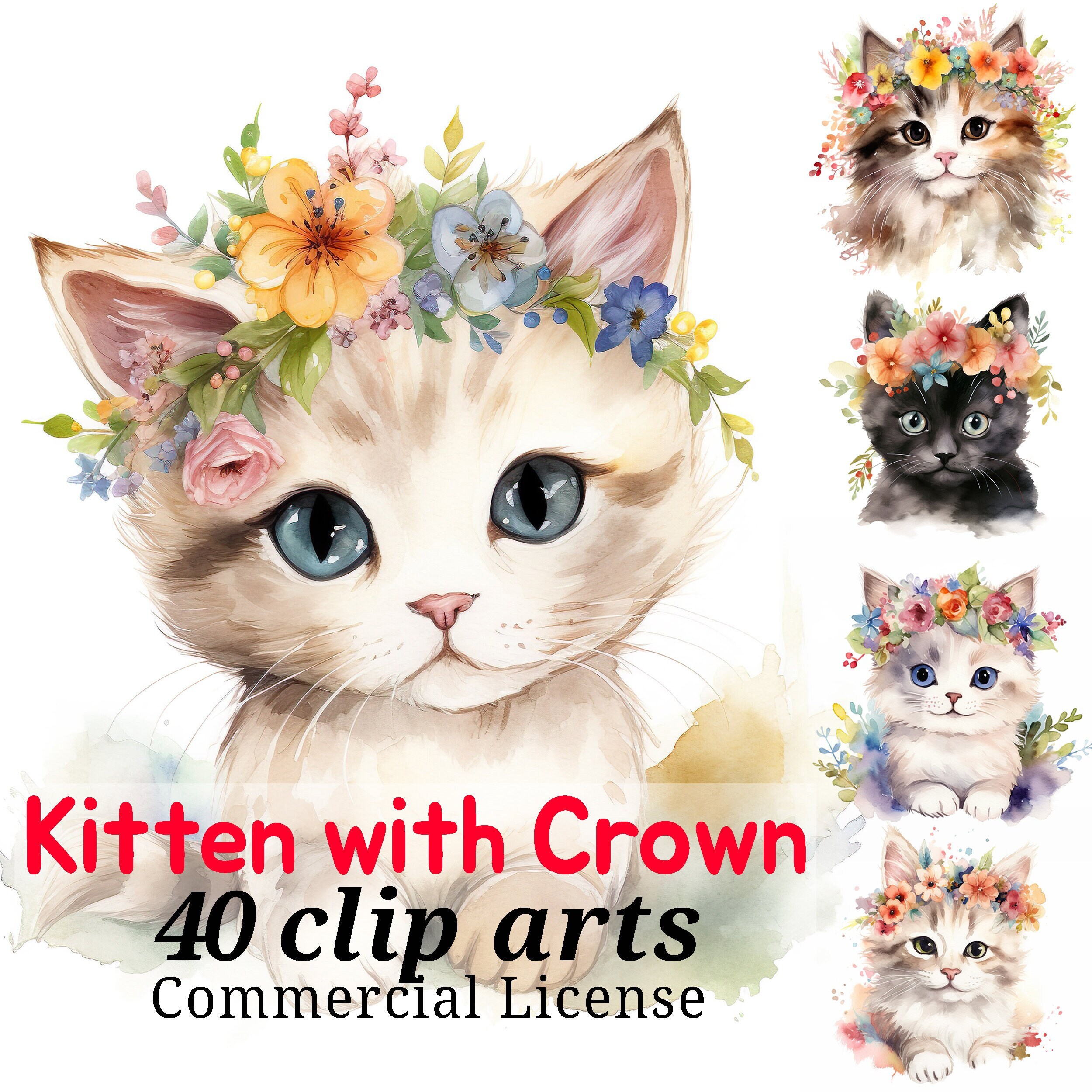 40 Cat Clipart Commercial Use Cute Kitten With Flower Crown - Etsy