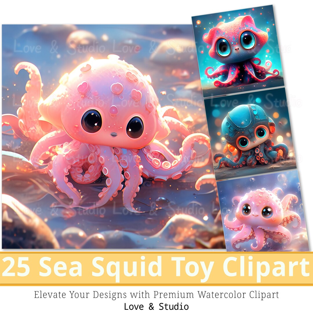 25 Baby Deep-sea Squid Toy Clipart, 3D Cute Animal Clipart, Colorful ...