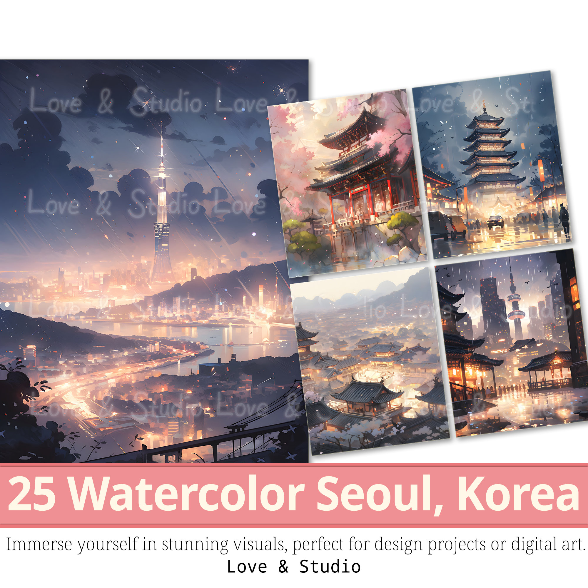 25 Seoul, South Korea Digital Paper, Watercolor Ancient Palaces Clipart ...