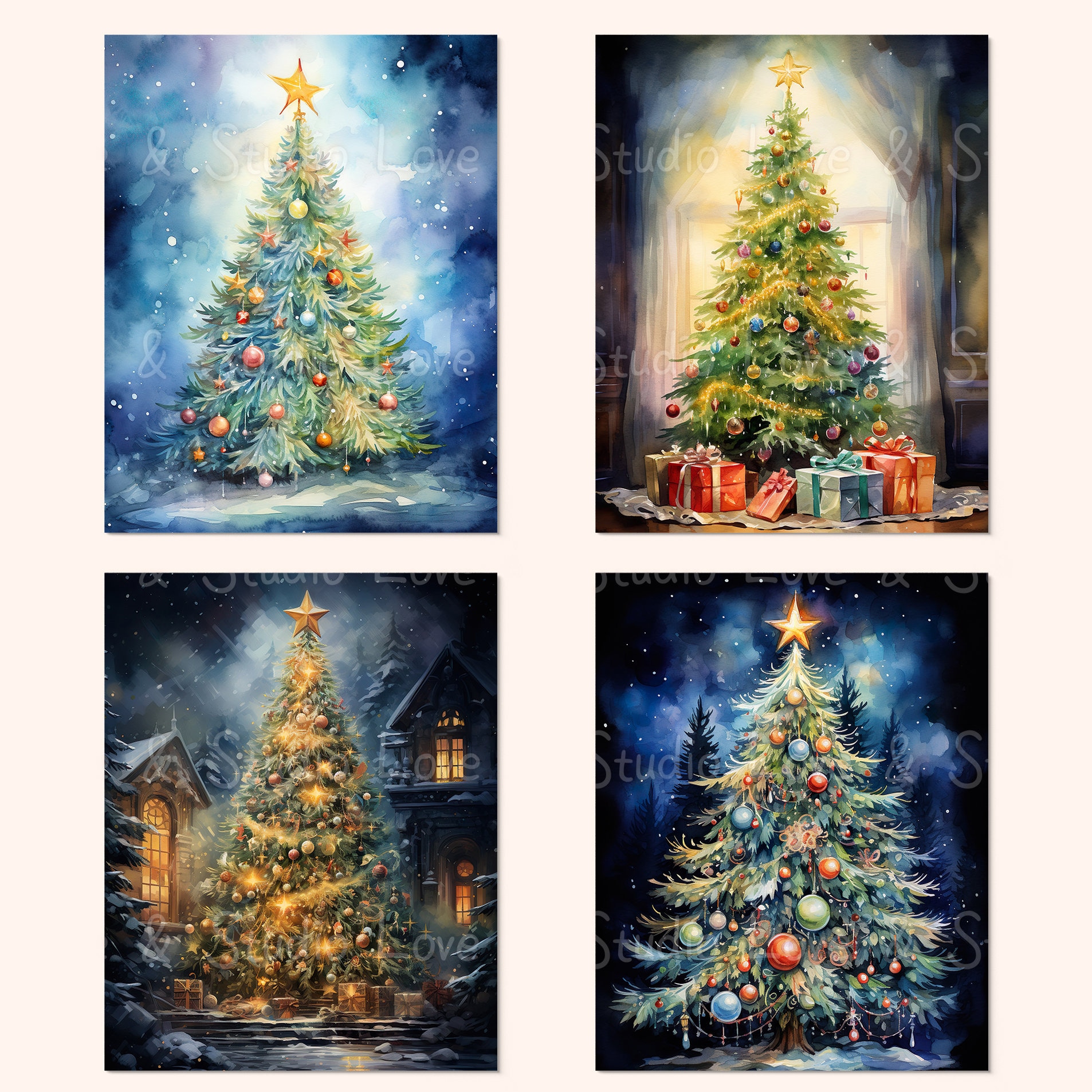 25 Watercolor Christmas Tree Digital Paper, Colorful Ornament ...