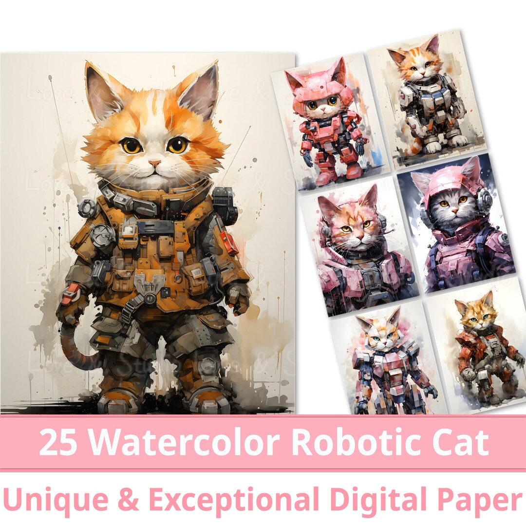 25 Watercolor Robotic Cat Cosplay Clipart, A Furry Feline Digital Paper ...