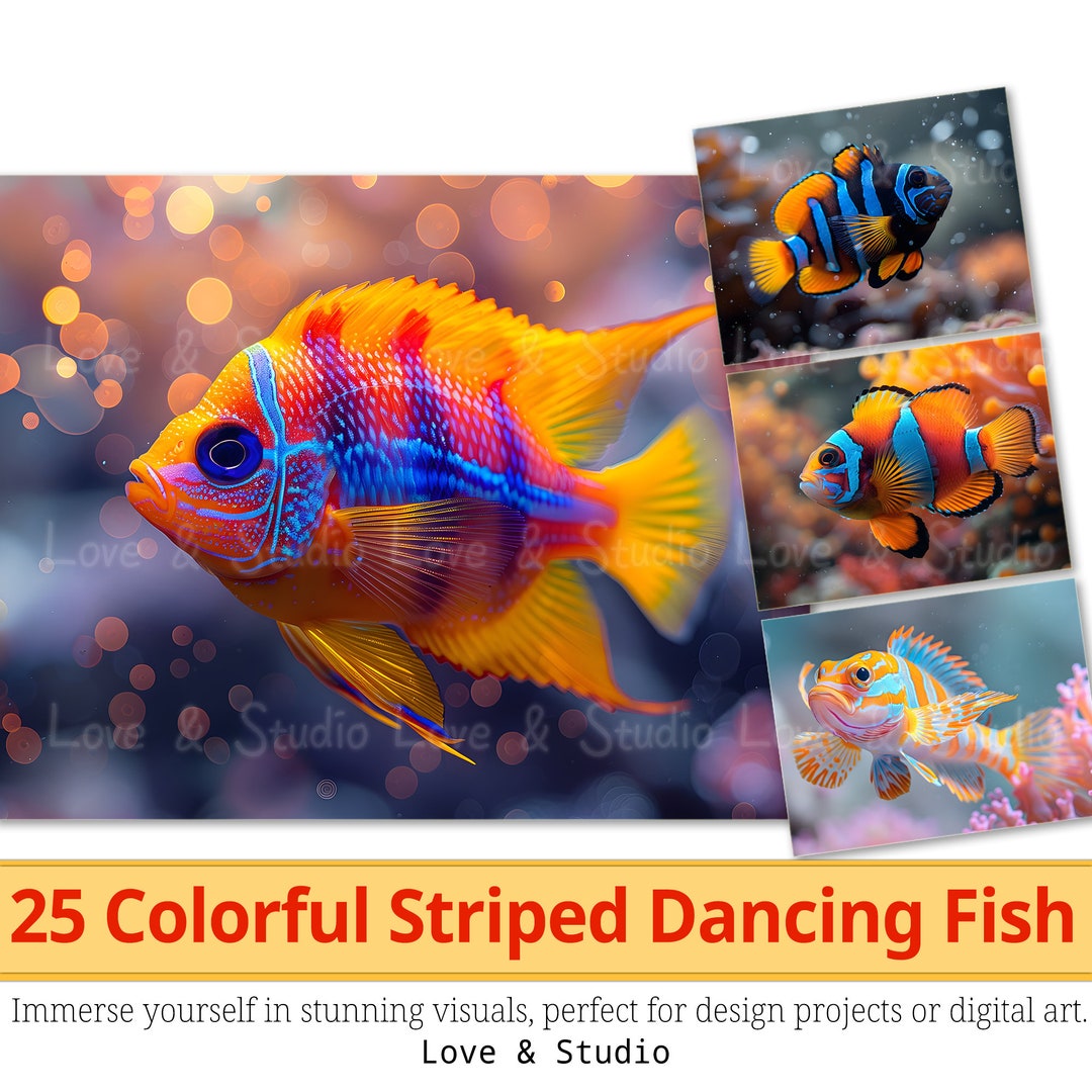 25 Colorful Striped Dancing Fish Portrait Digital Paper, Printable ...