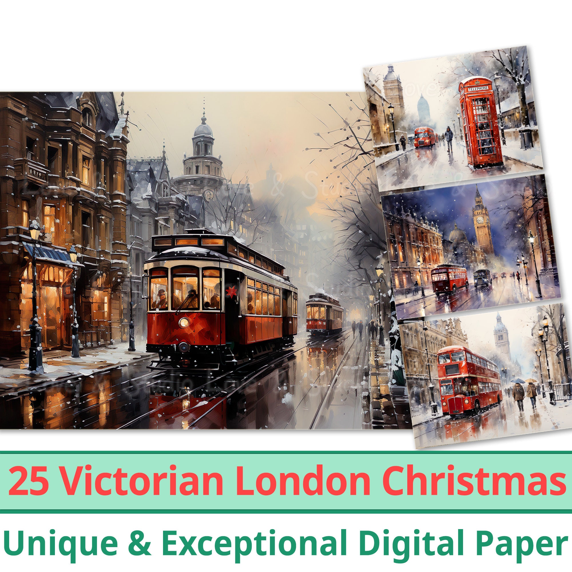 25 Victorian London Christmas Digital Paper, Watercolor Xmas Clipart ...
