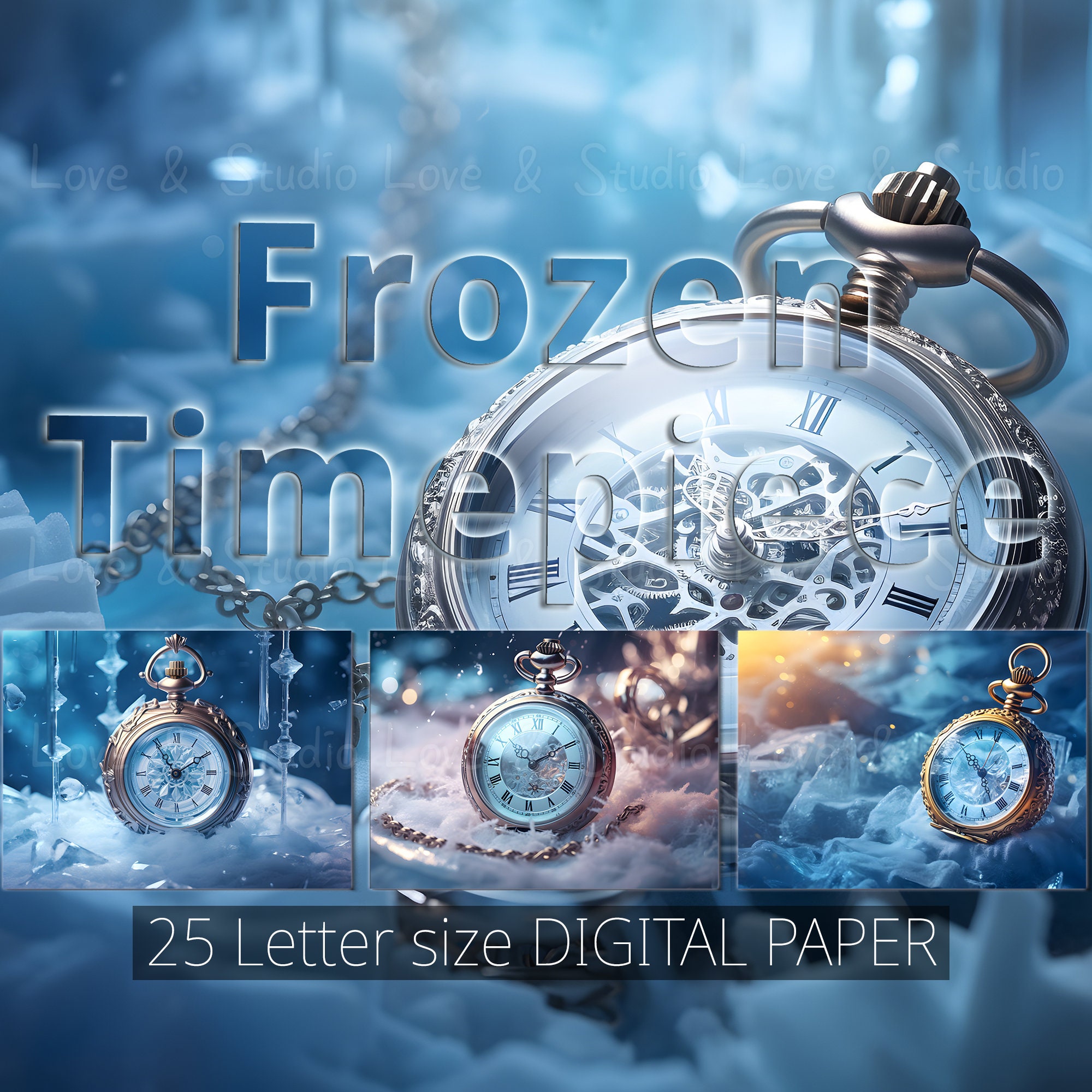 25 Frozen Timepieces Digital Paper, Printable Fantasy Antique Pocket ...