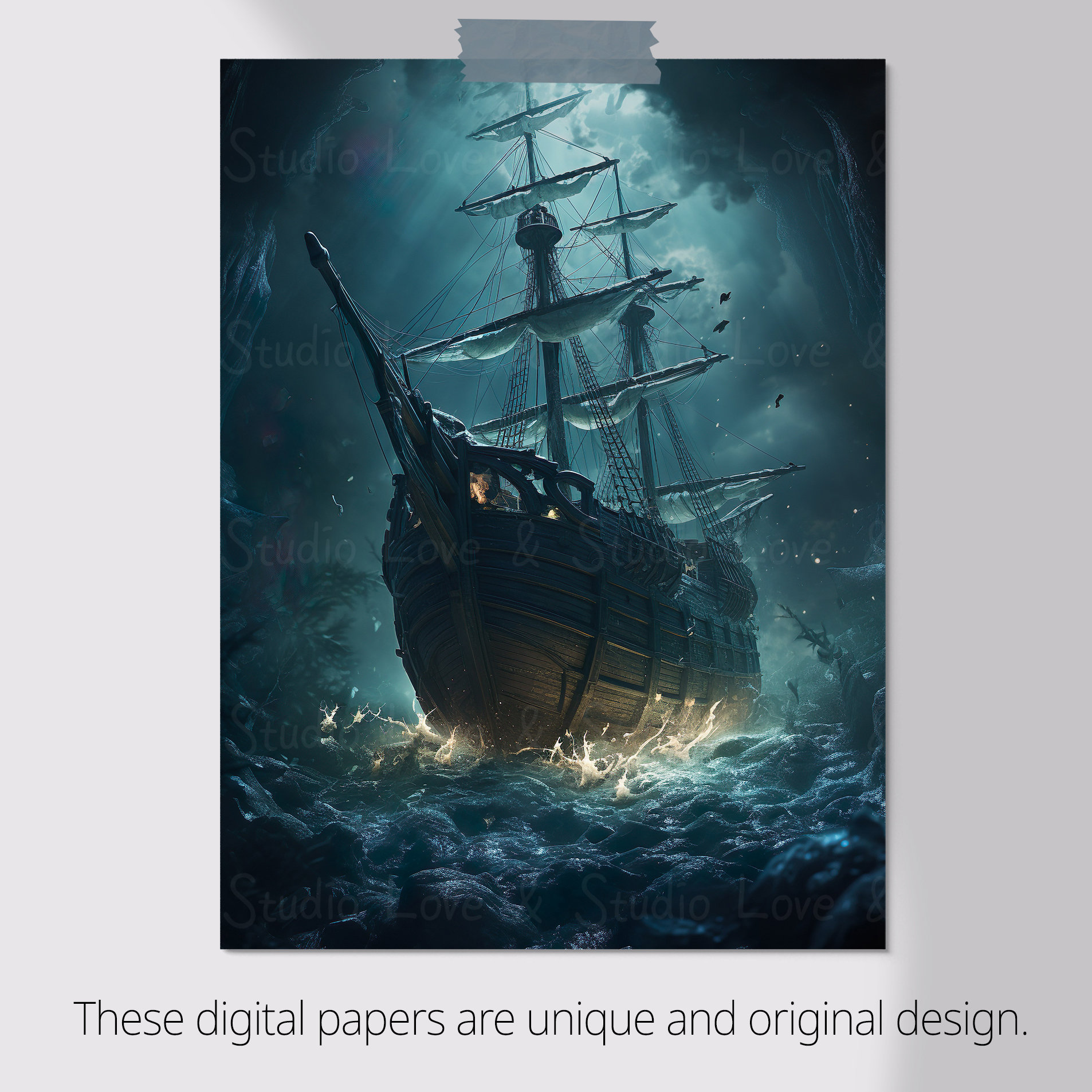 25 Underwater Ghost Ship Digital Paper, Printable Halloween Party ...