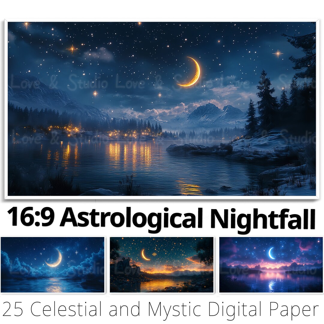 16:9 Astrological Nightfall Digital Paper. 25 Printable Celestial ...