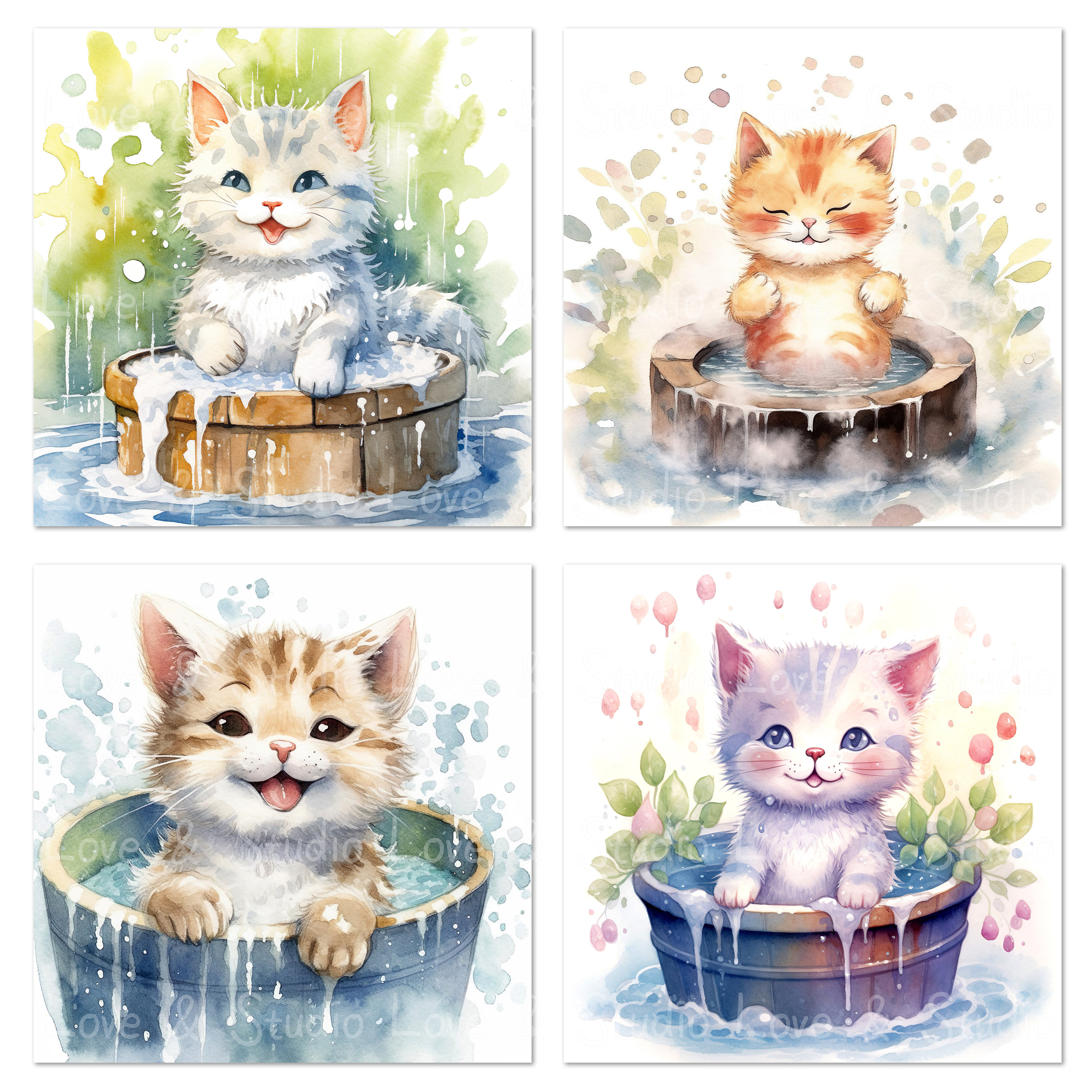 20 Kitten in a Hot Spring Clipart, Digital Cat Watercolor, High-quality ...