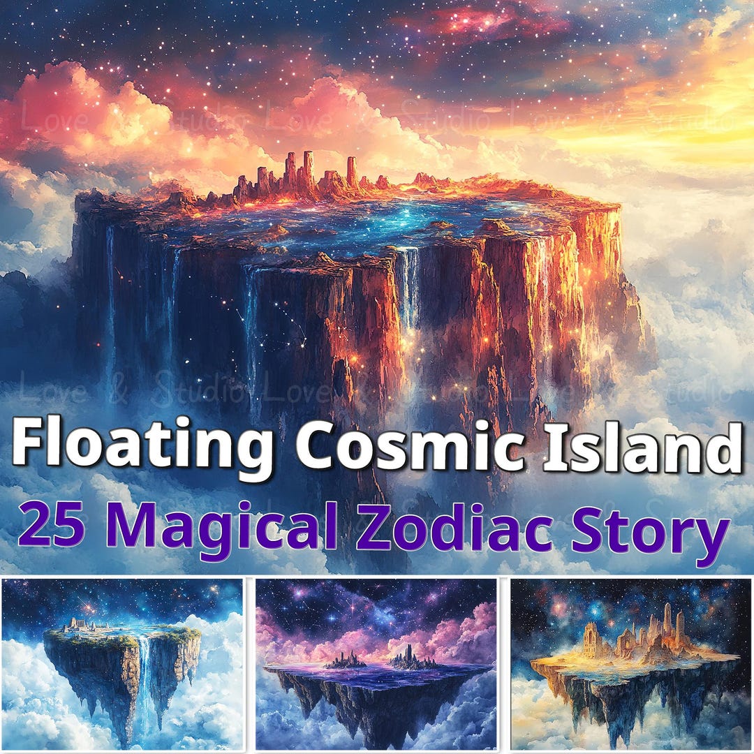 25 Floating Cosmic Island Digital Paper, Magical Zodiac Story. Fantasy ...