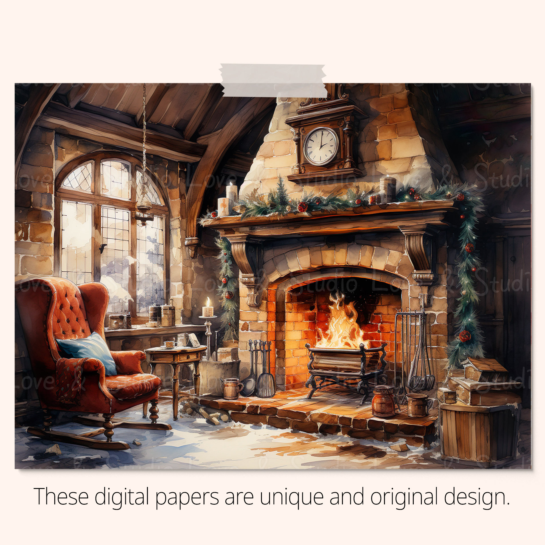 25 Christmas Cozy Fireplace Scene Digital Paper, Watercolor Xmas Party ...